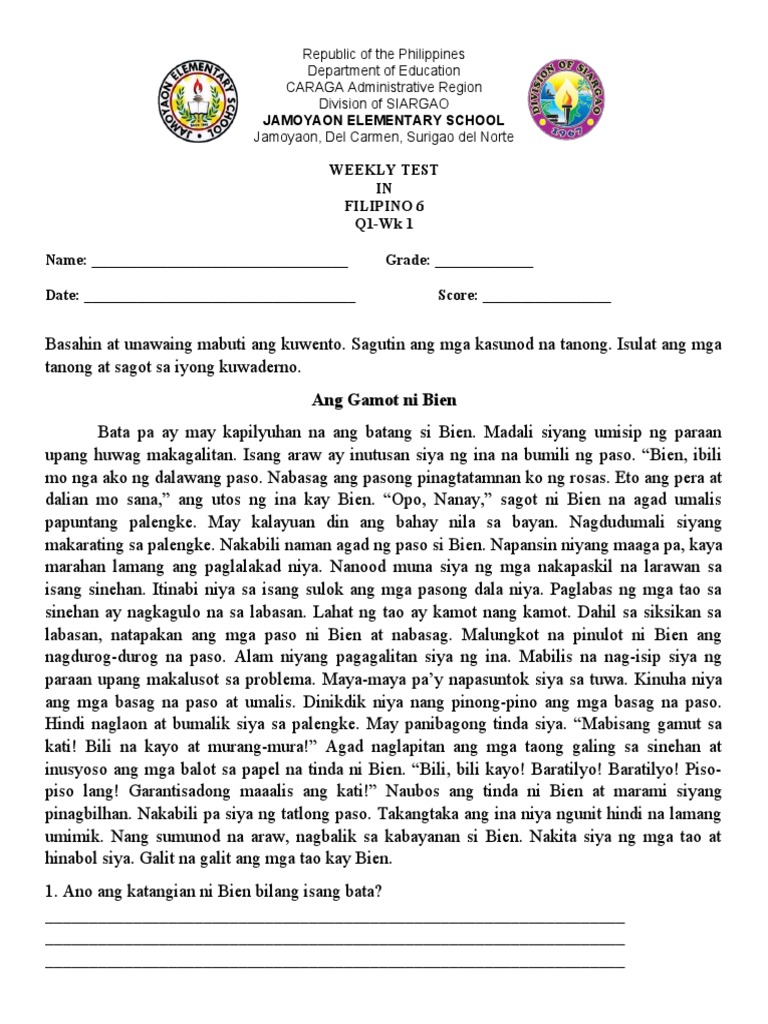 Filipino Q1-Wk1-Unit Test | PDF