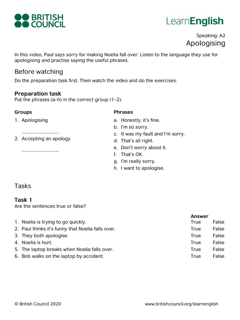 LearnEnglish Speaking A2 Apologising | PDF