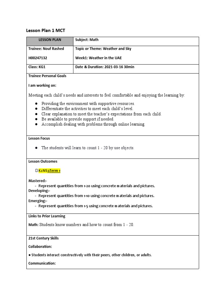Lesson Plan 1 MCT: The Students Will Learn To Count 1 - 20 by Use ...