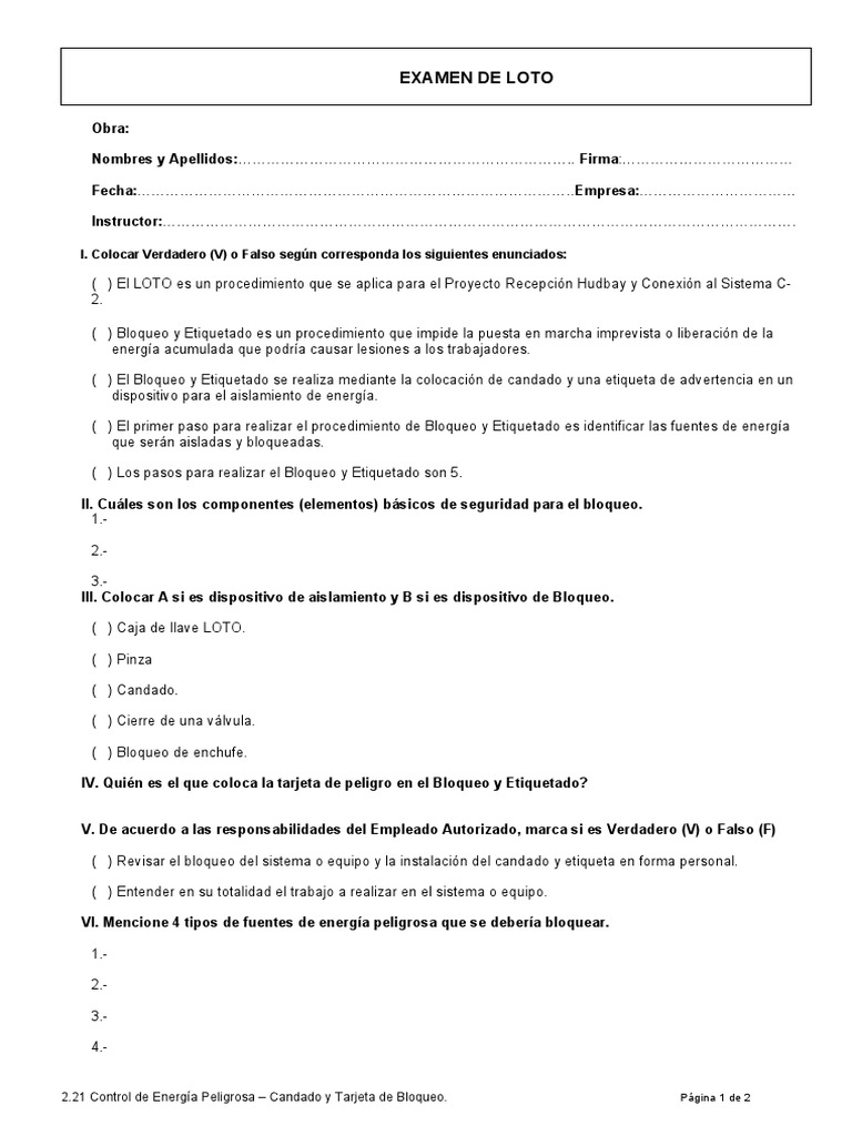 Examen de Procedimiento LOTO | PDF | Energía y recursos | Seguridad