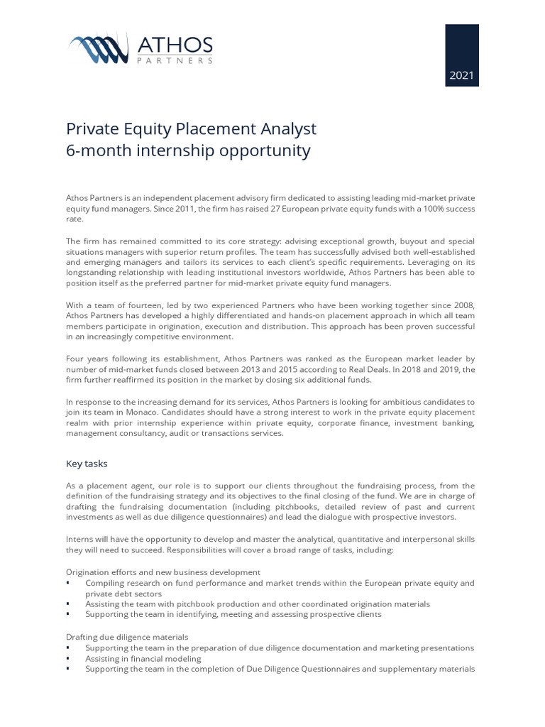 Athos Partners - Private Equity Intern Placement (January 2021) | PDF ...