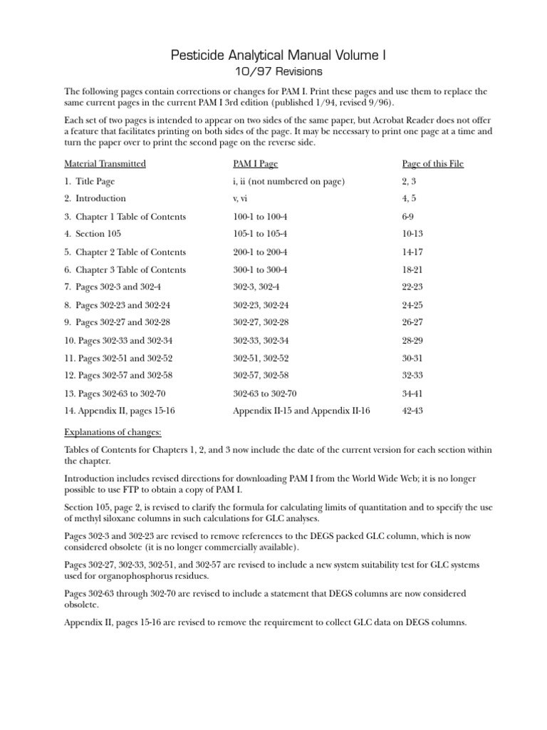 CFSAN Pesticide Analytical Manual PAM I Revisions (1997) | PDF | Food ...
