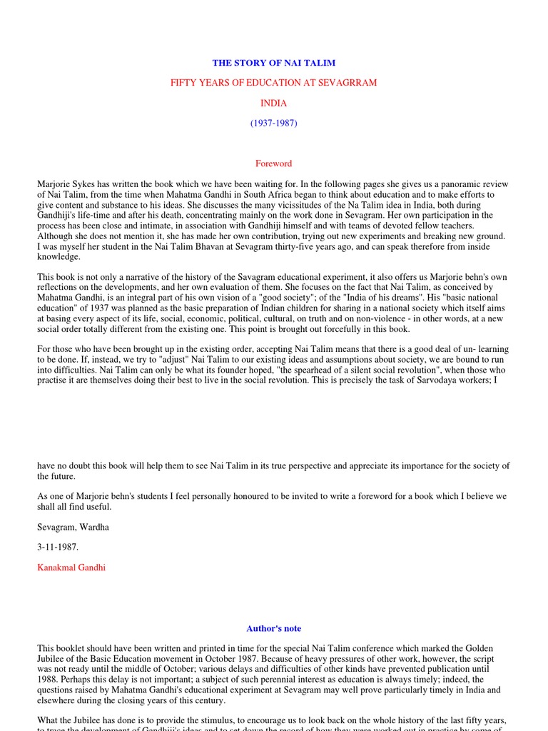 Nai Talim | PDF | Mahatma Gandhi | Peace