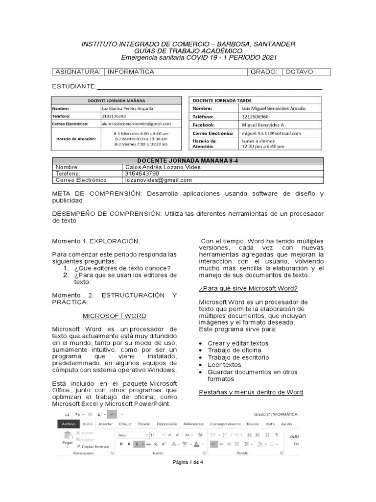 Tecnologìa e Informàtica Grado Octavo I Periodo | PDF | Microsoft Word ...
