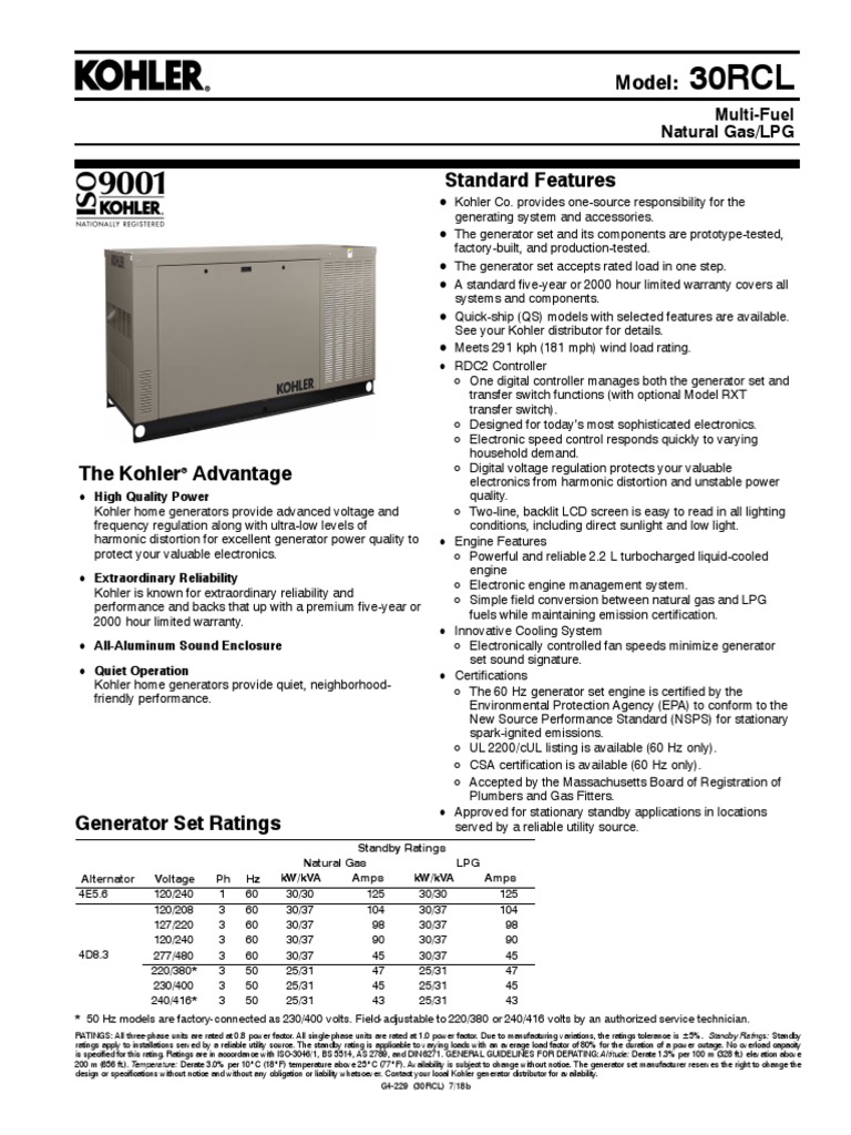 Kohler 30RCL Home Generator Features Quiet Operation | PDF | Liquefied ...