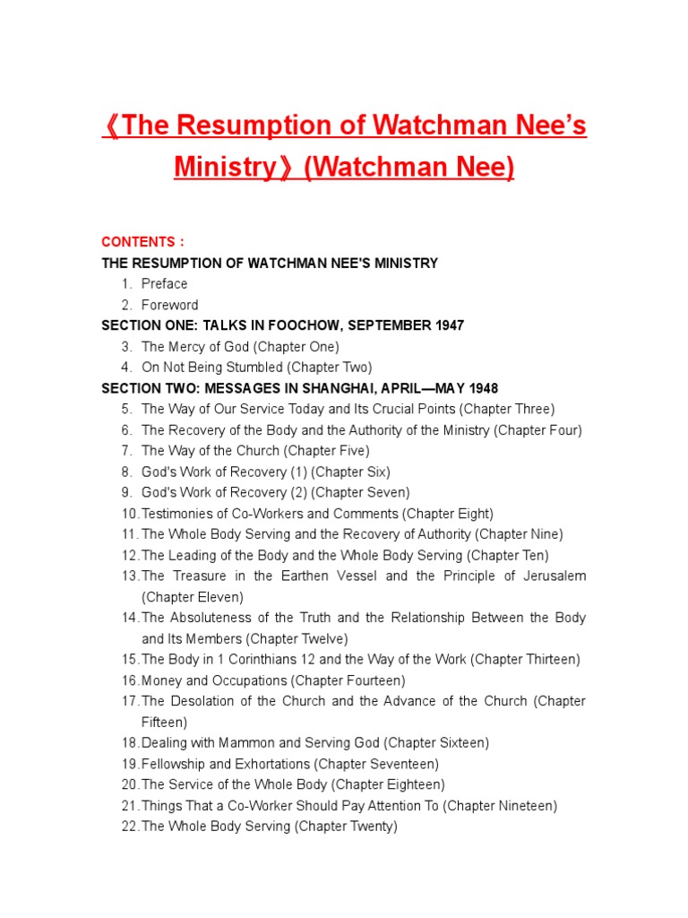 The Resumption of Watchman Nee's Ministry (Watchman Nee) | PDF ...