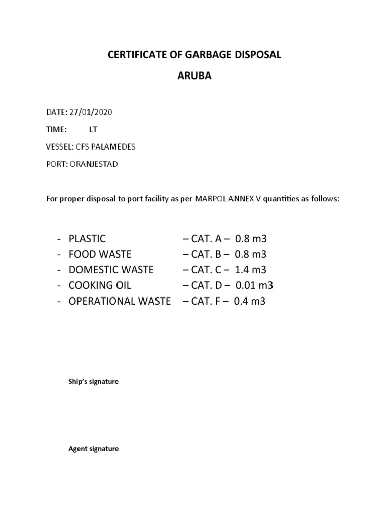 Certificate of Garbage Disposal Aruba | PDF | Technology & Engineering