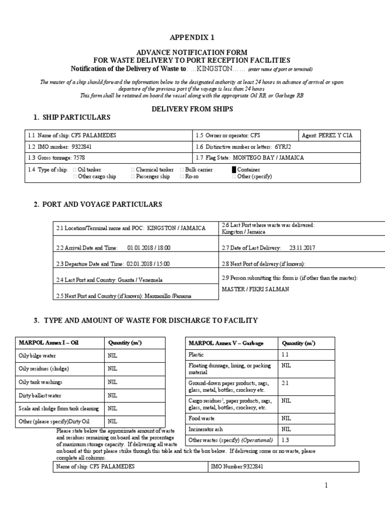 MARPOL Advance Notification Form For Waste Delivery 29.12.2017 | PDF ...