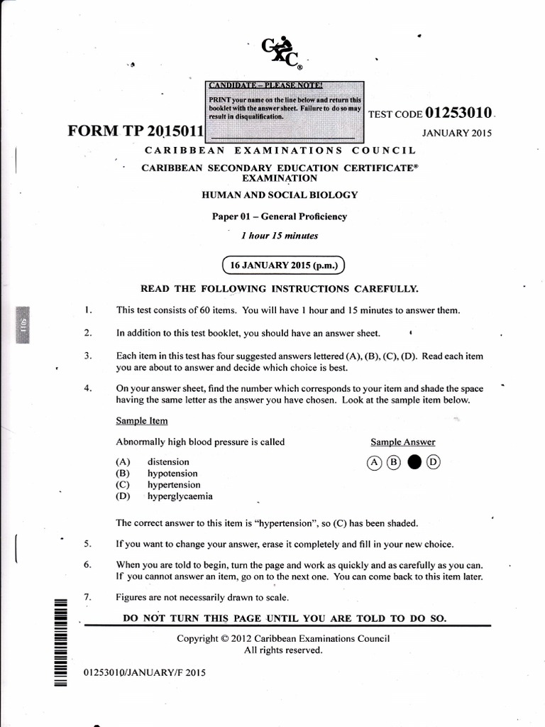 CSEC Human & Social Biology - January 2015 Paper 1 | PDF | Arm | Heart