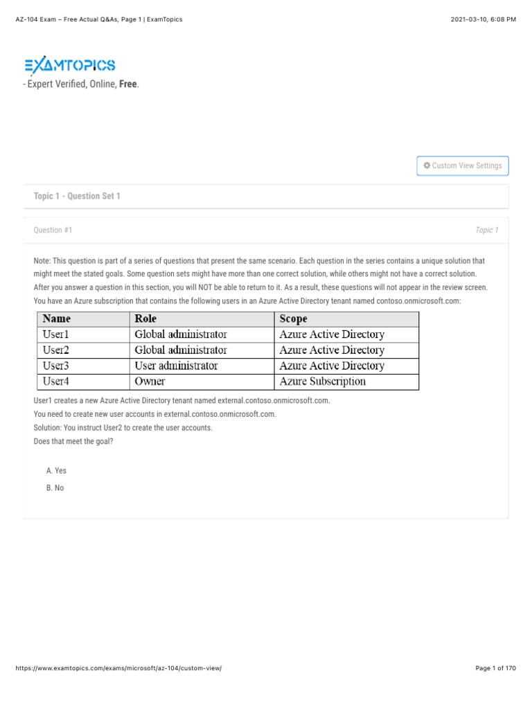 AZ-104 Exam - Free Actual Q&as, Page 1 - ExamTopics | PDF | Microsoft ...