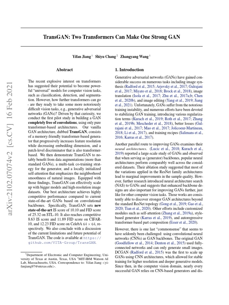 2021 Arxiv - TransGAN Two Transformers Can Make One Strong GAN | PDF ...