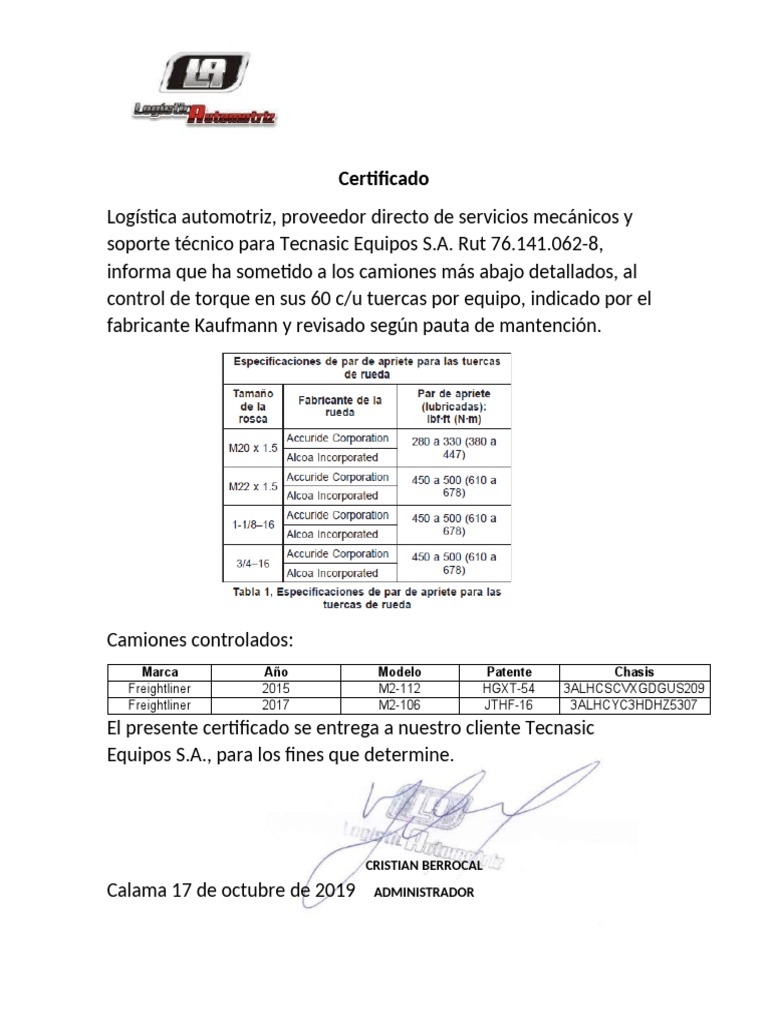 Certificado de Torque para Camiones | PDF