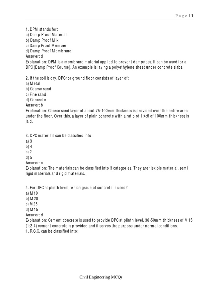 Civil Engineering Multiple Choice Questions | PDF | Surveying | Concrete