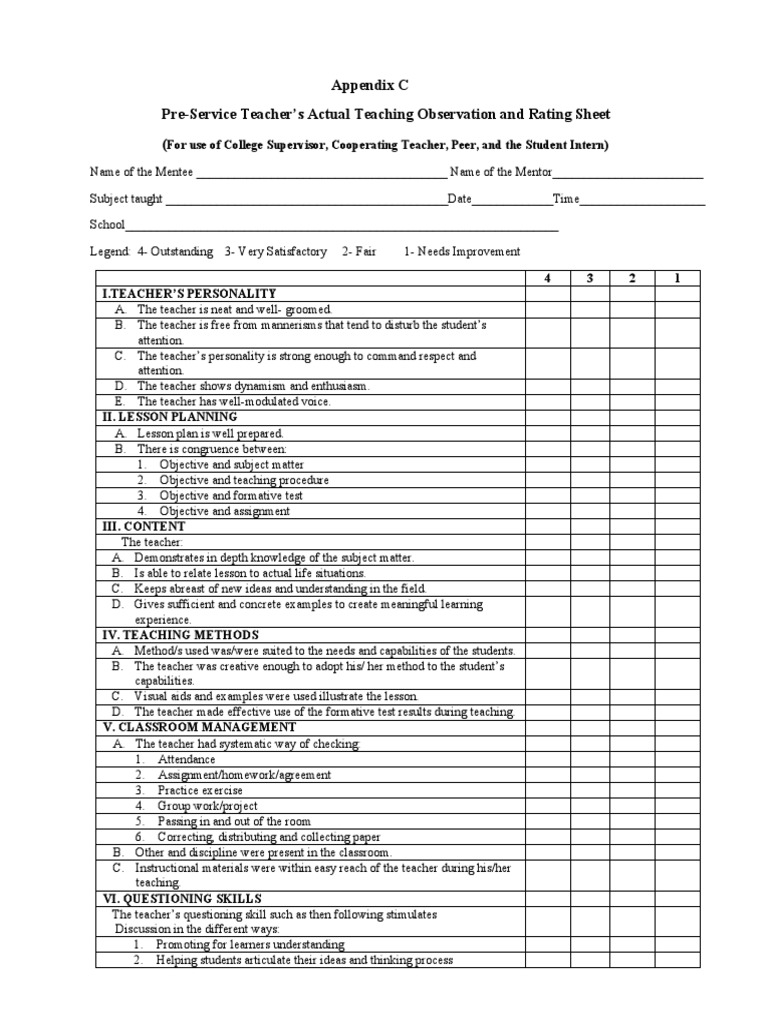 Pre-Service Teacher Observation Sheet | PDF | Teachers | Psychology