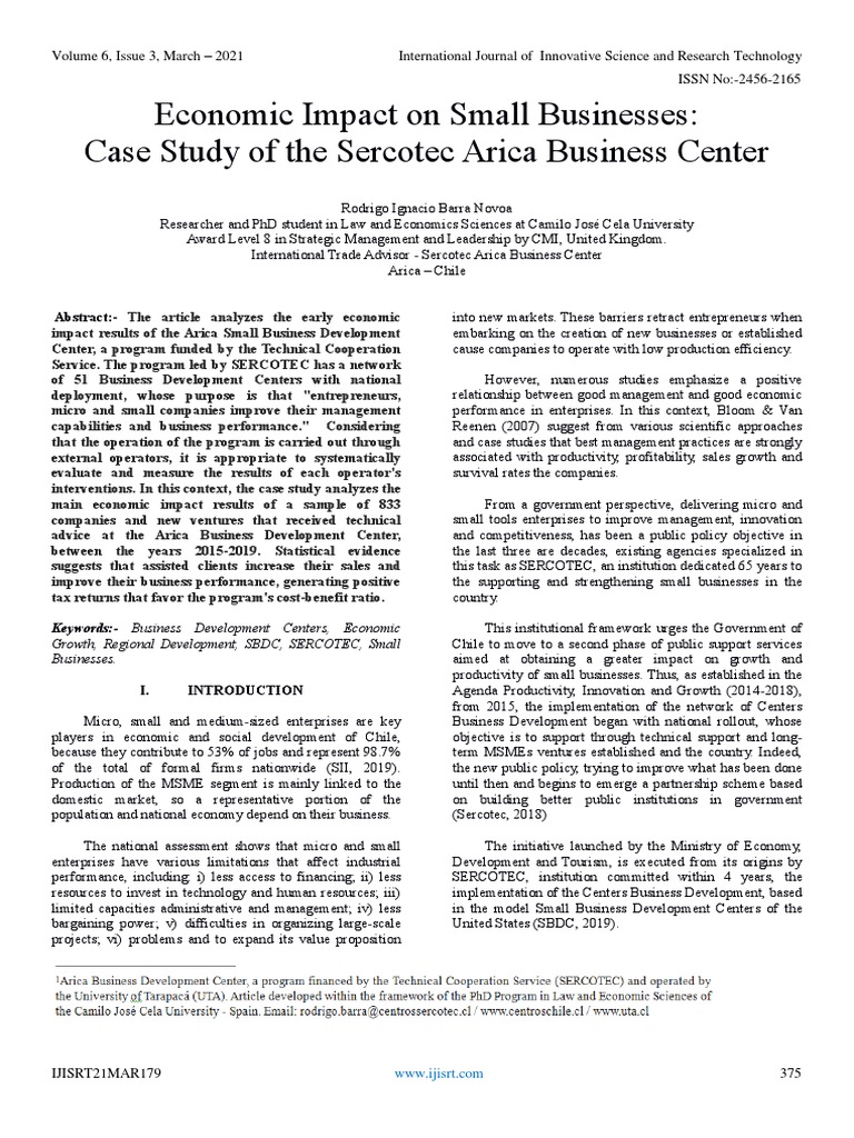 Economic Impact On Small Businesses Case Study of The Sercotec Arica ...