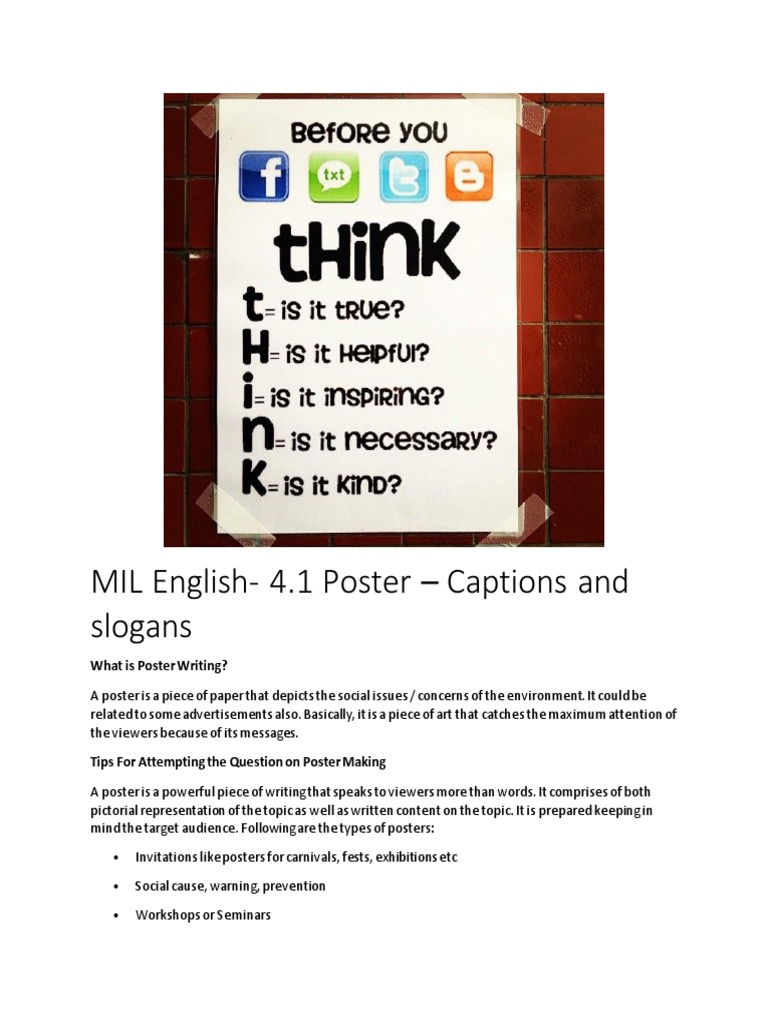 MIL English - 4.1 Poster - Captions and Slogans | PDF | Poster | Brand