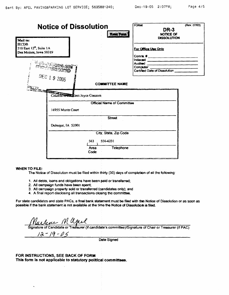 Notice of Dissolution: Form (Rev. 07103) | PDF | Political Action ...