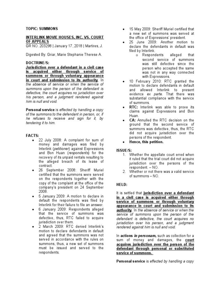Invalid Summons in Interlink vs. CA | PDF | Summons | Lawsuit