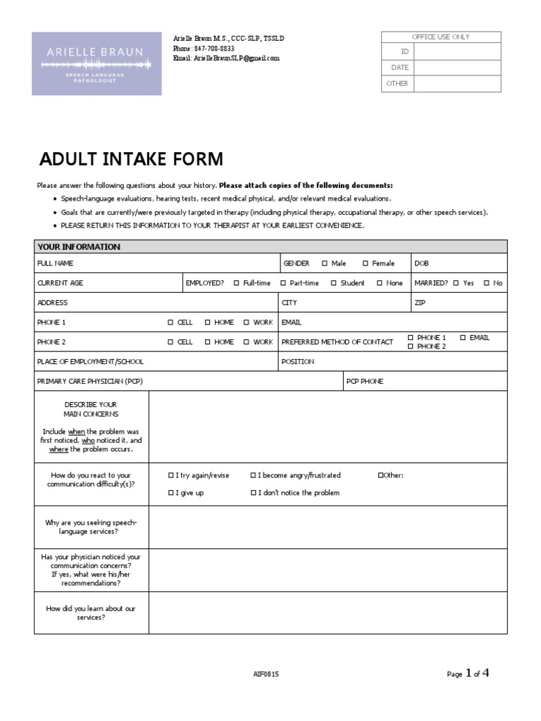 Adult Intake Form: Your Information | PDF | Psychotherapy | Mental Disorder