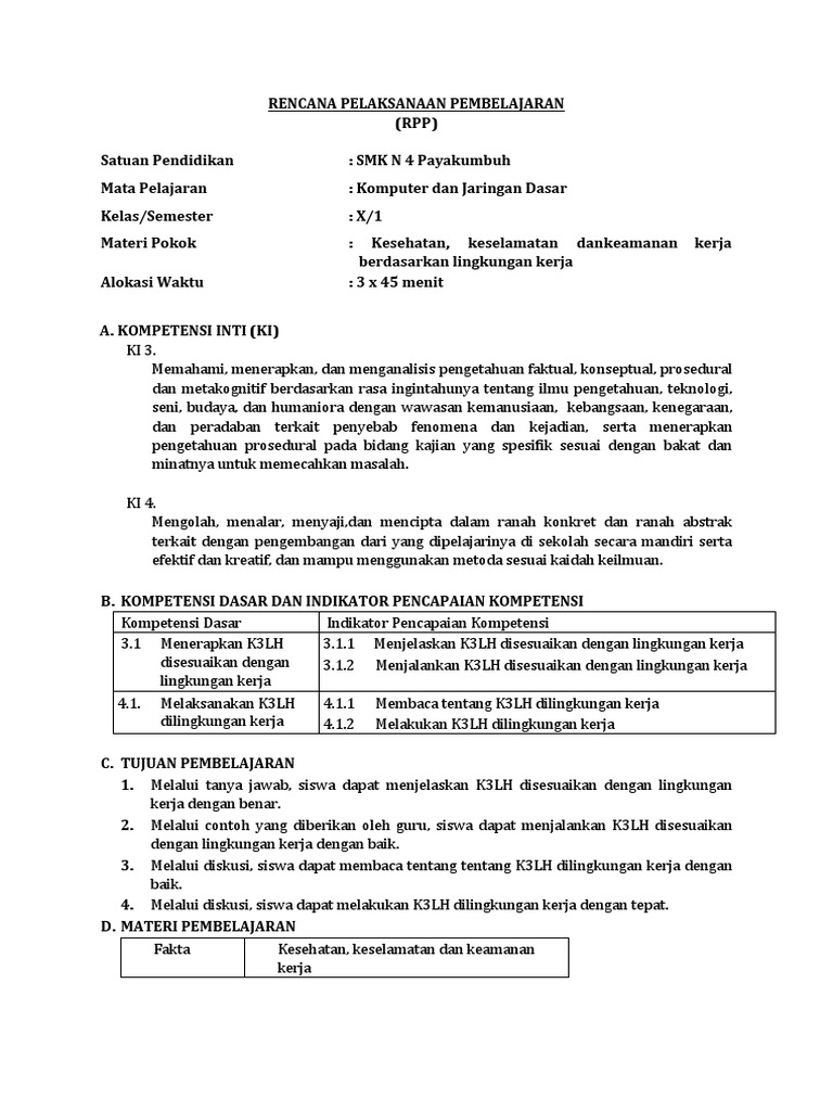 RPP Komputer Dan Jaringan Dasar KD1 (Ganjil) X | PDF