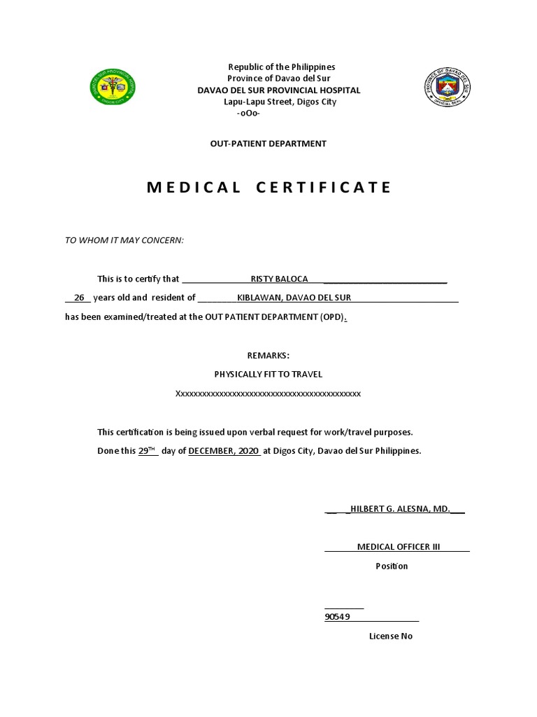 Medical Certificate: Davao Del Sur Provincial Hospital | PDF | Patient ...