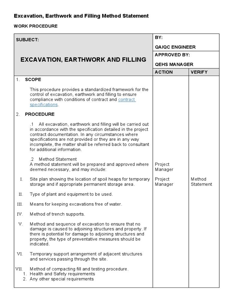 Excavation, Earthwork and Filling Method Statement | PDF | Surveying ...