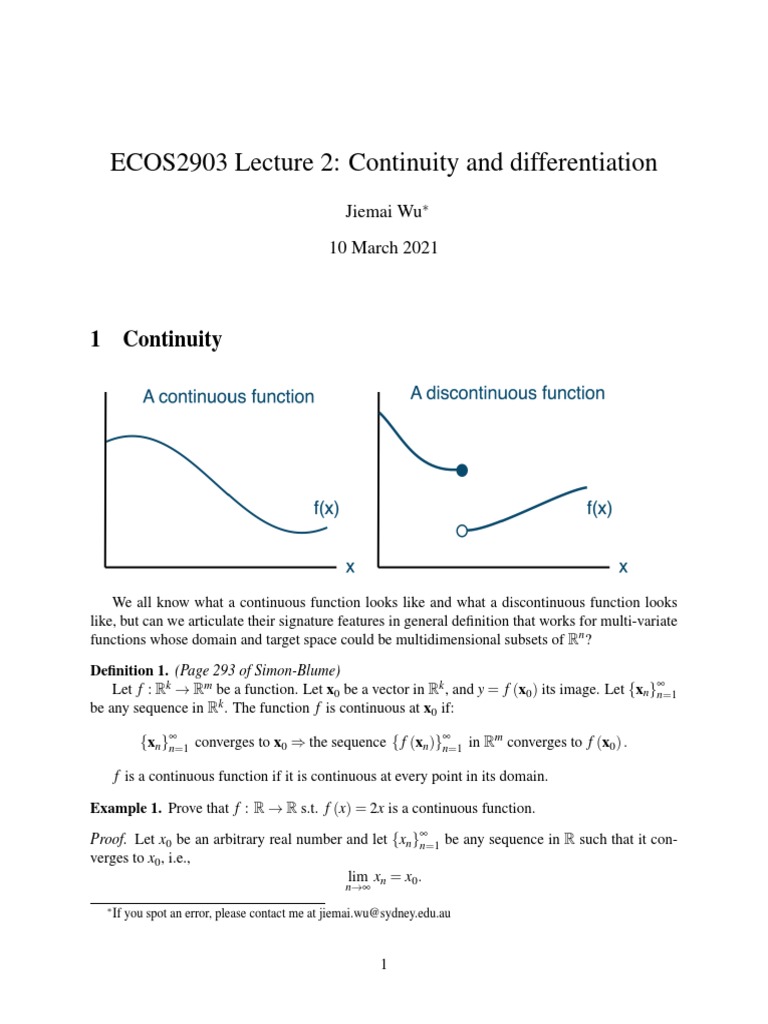ECOS2903 Lecture 2: Continuity and Differentiation | PDF | Continuous ...