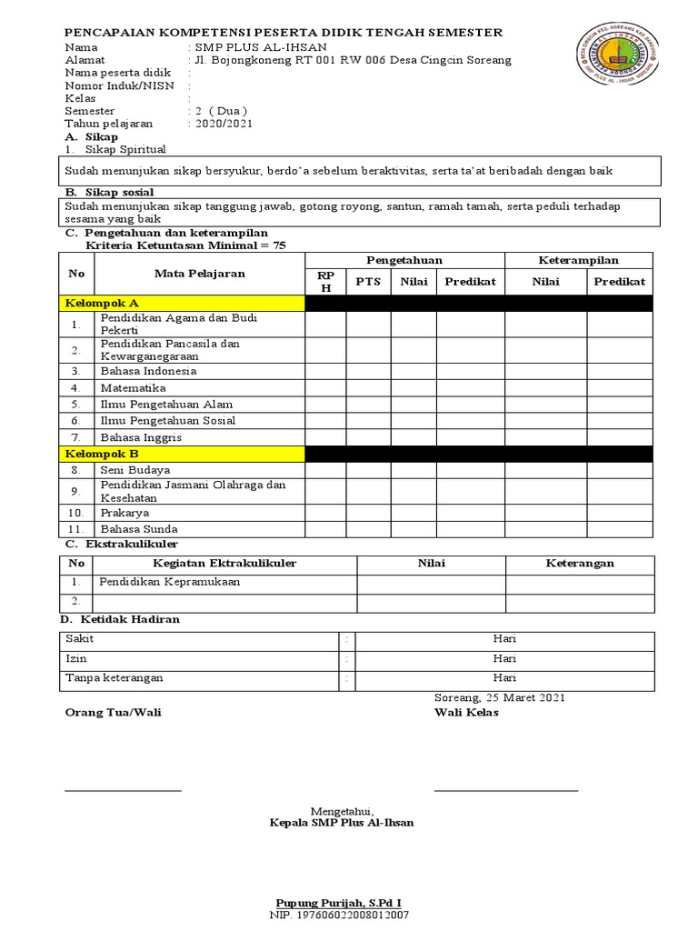 Format Raport PTS Genap 2020-2021 | PDF