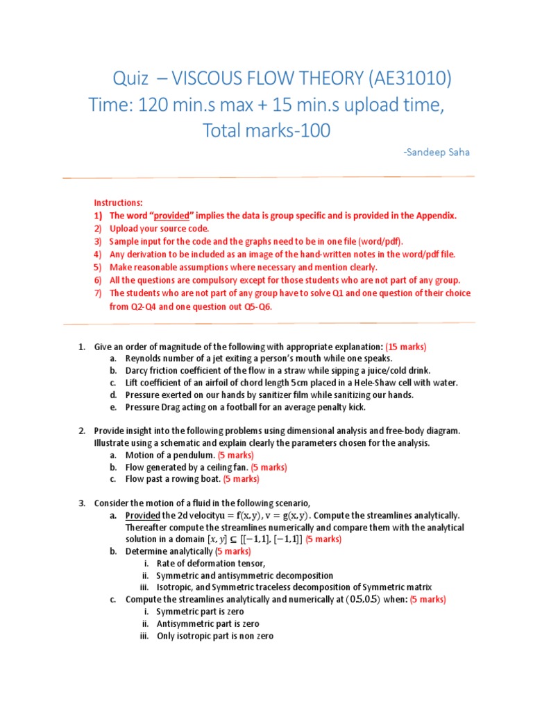 Quiz - Viscous Flow Theory (Ae31010) Time: 120 Min.s Max + 15 Min.s Upload Time, Total Marks ...