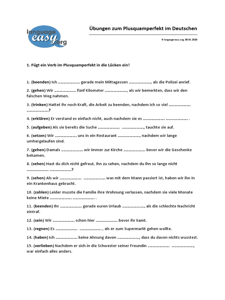 Plusquamperfekt Übungen | PDF