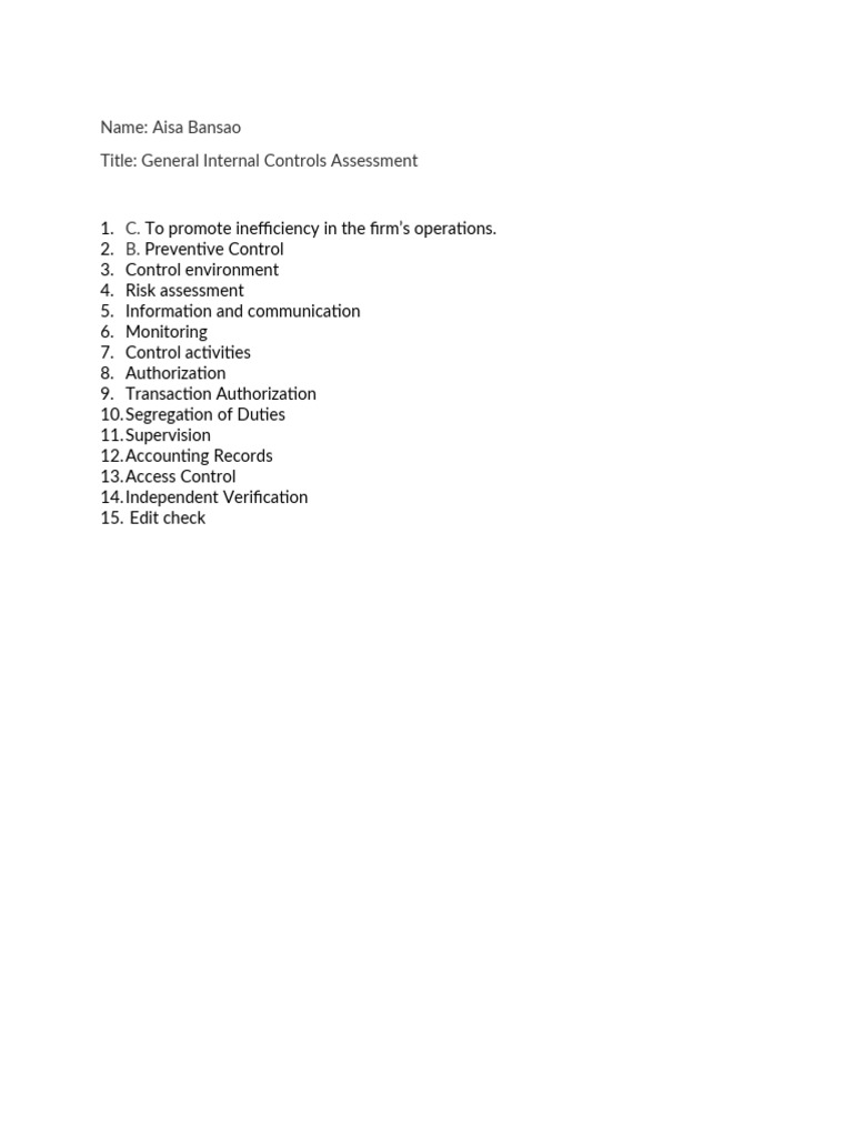 General Internal Controls Assessment (For Submission) | PDF