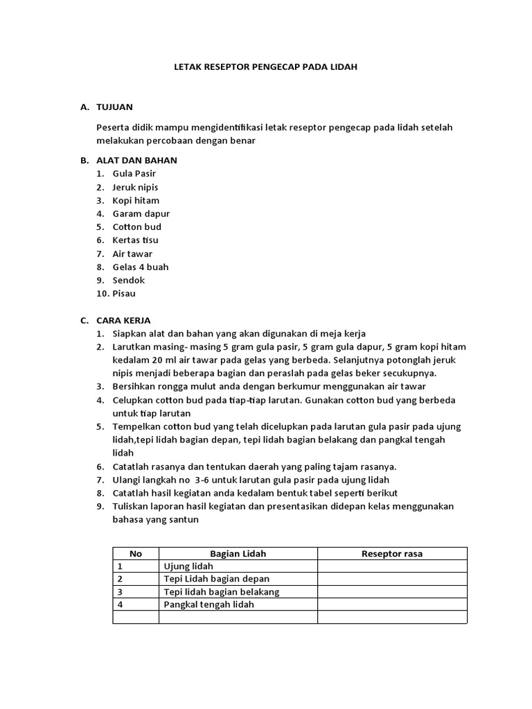Praktikum Letak Reseptor Pengecap Pada Lidah | PDF