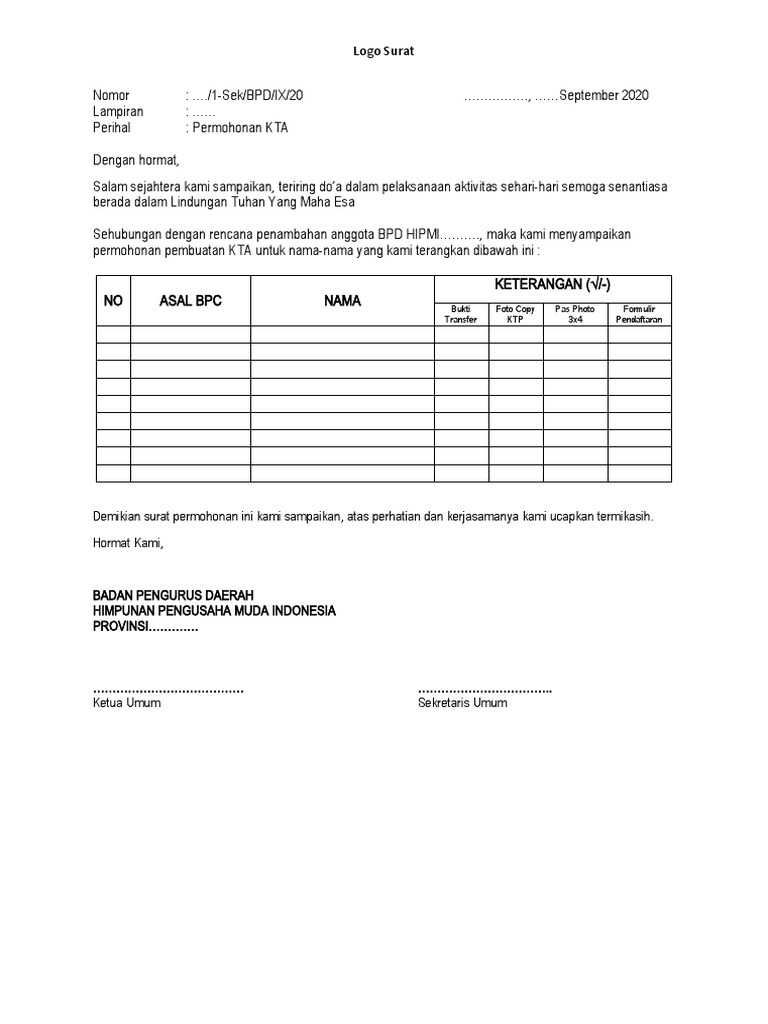 Draf Contoh Surat Pengajuan KTA | PDF