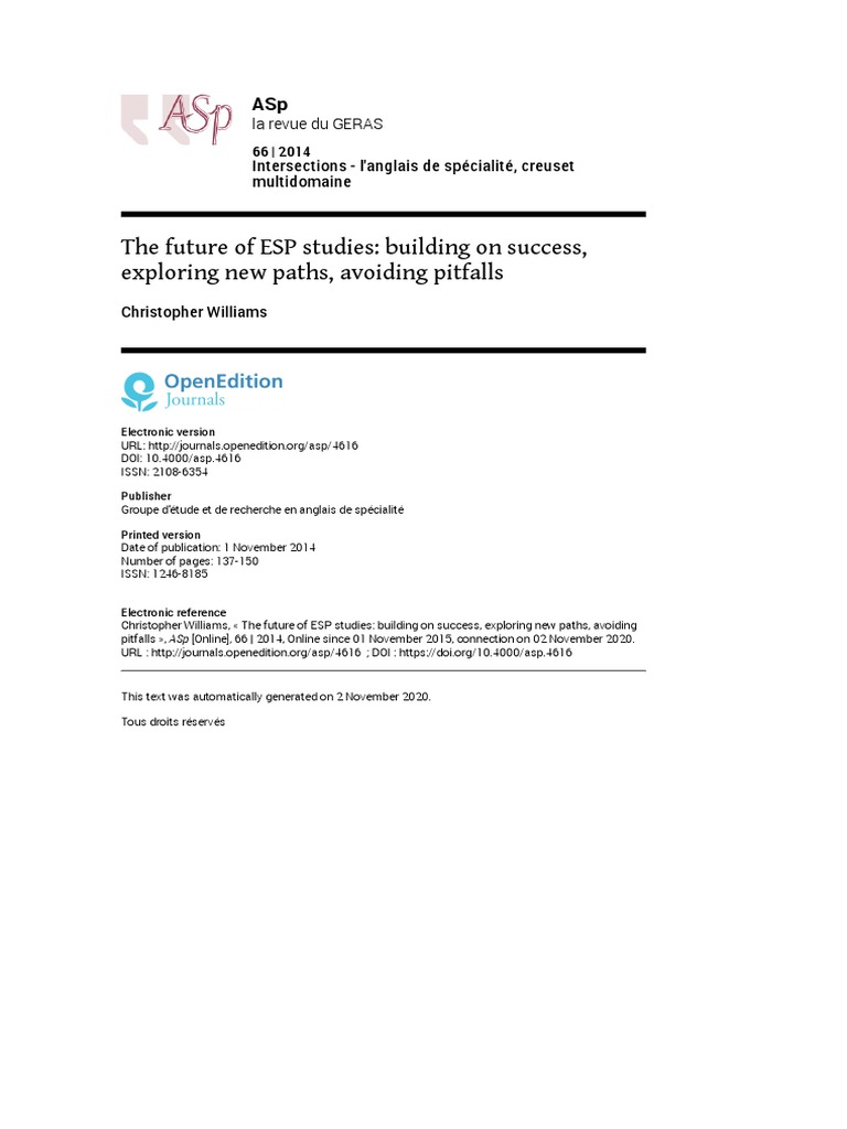 The Future of ESP Studies: Building On Success, Exploring New Paths ...