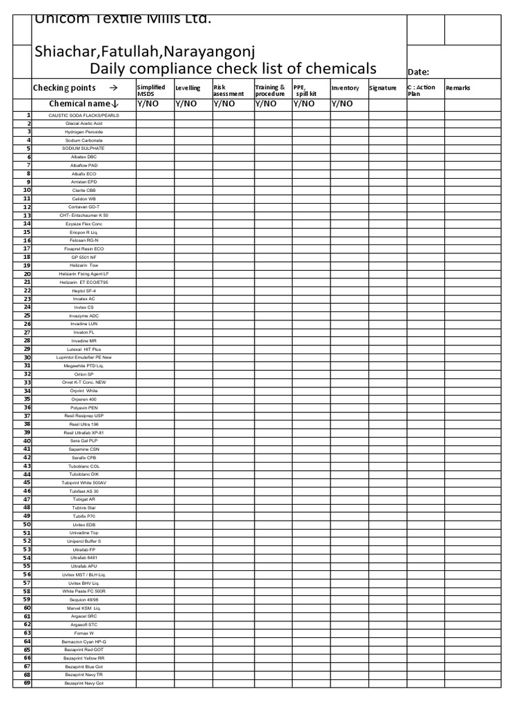 Daily Compliance Checklist for Chemicals | PDF | Molecules | Atoms