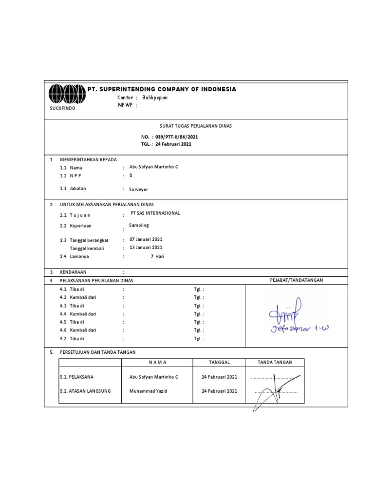 Surat Tugas Perjalanan Dinas 2021 | PDF