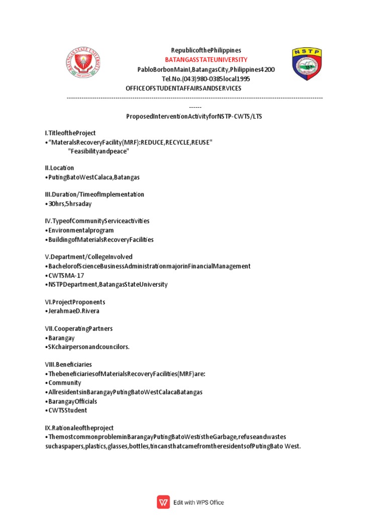 Rivera Jerahmae D. NSTP-CWTS Project Proposal | PDF | Pollution | Recycling