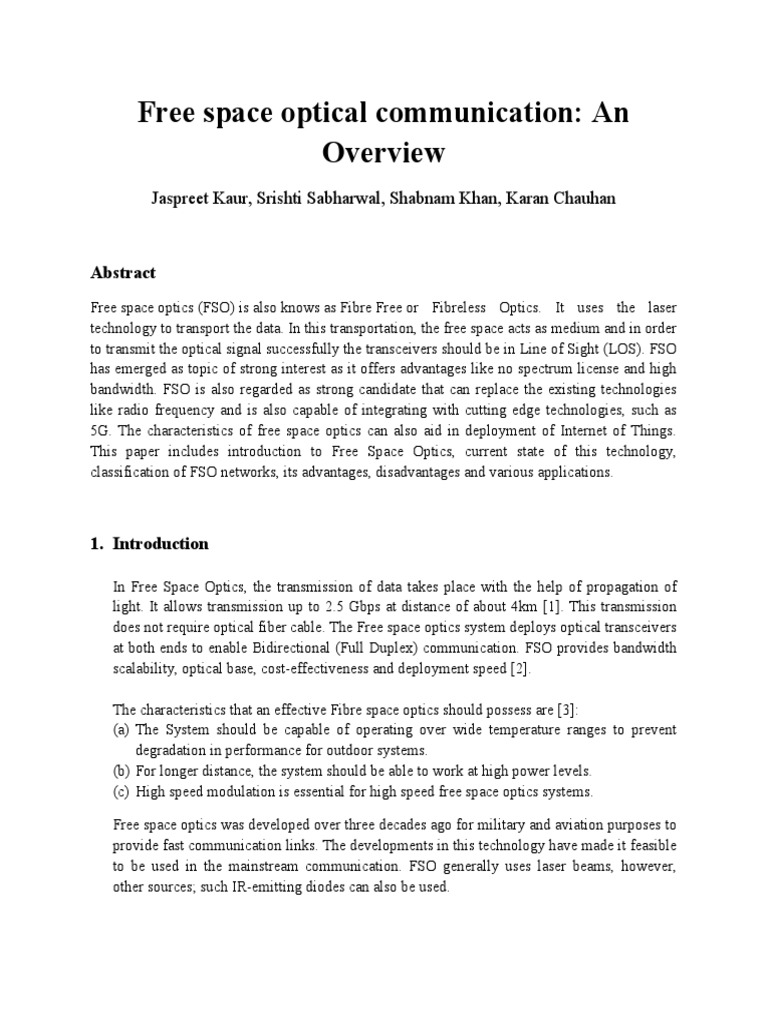 Free Space Optical Communication An Overview Pdf Transmission