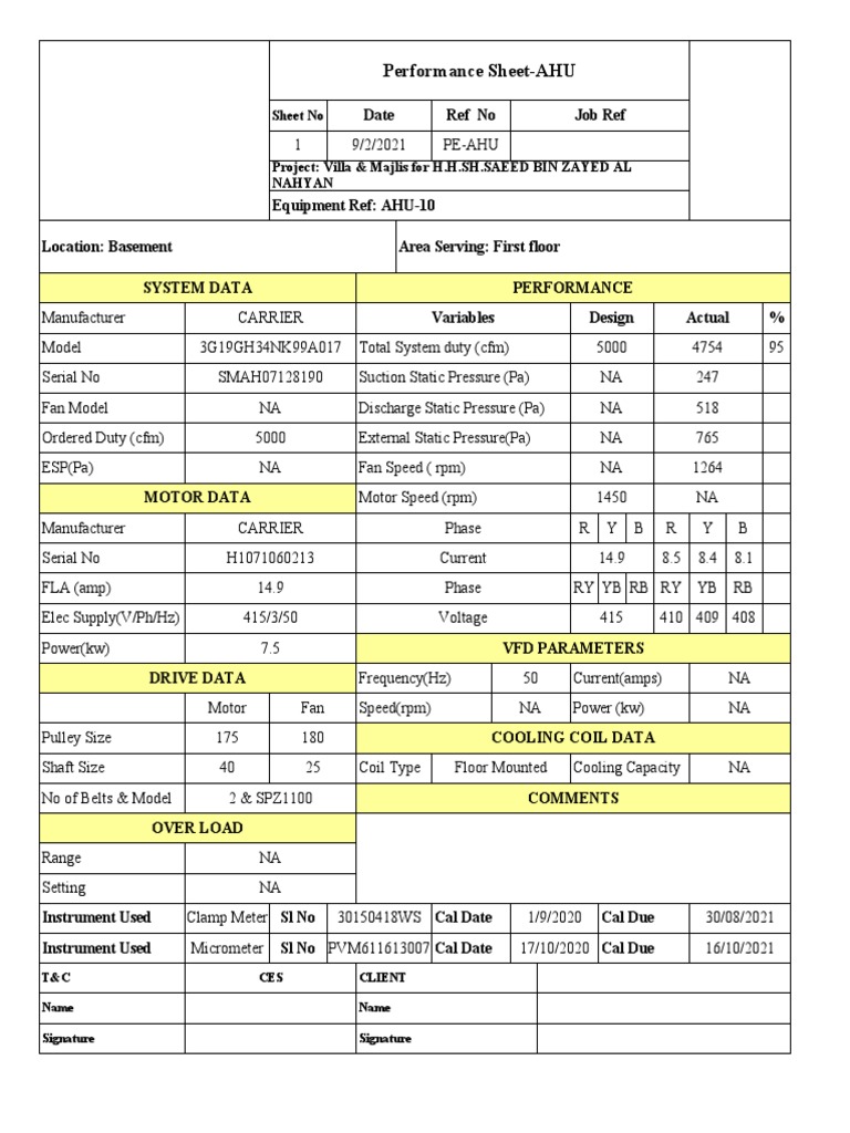 Performance Sheet - AHU-10 | Download Free PDF | Electrical Components | Electronics