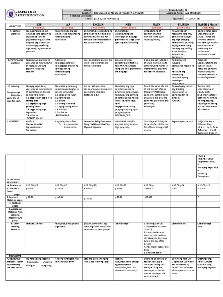 Grade 2 DLL All Subjects Q1 Week 5 Day 1 | PDF