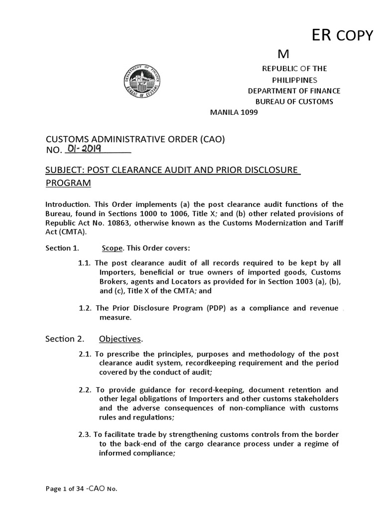 Customs Administrative Order (Cao) NO. Subject: Post Clearance Audit and Prior Disclosure ...