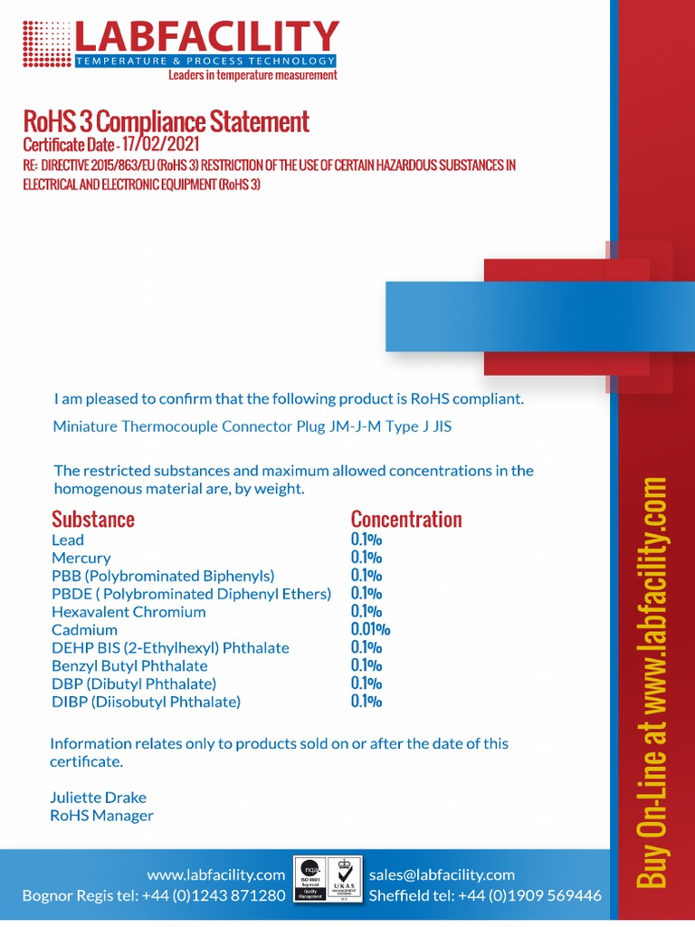 Rohs 3 Compl I Ance ST at Ement: Substance Concentrati On | PDF