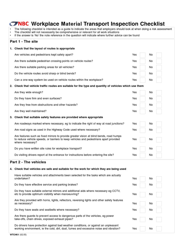 Workplace Transport Inspection Checklist: Material | PDF | Traffic | Road