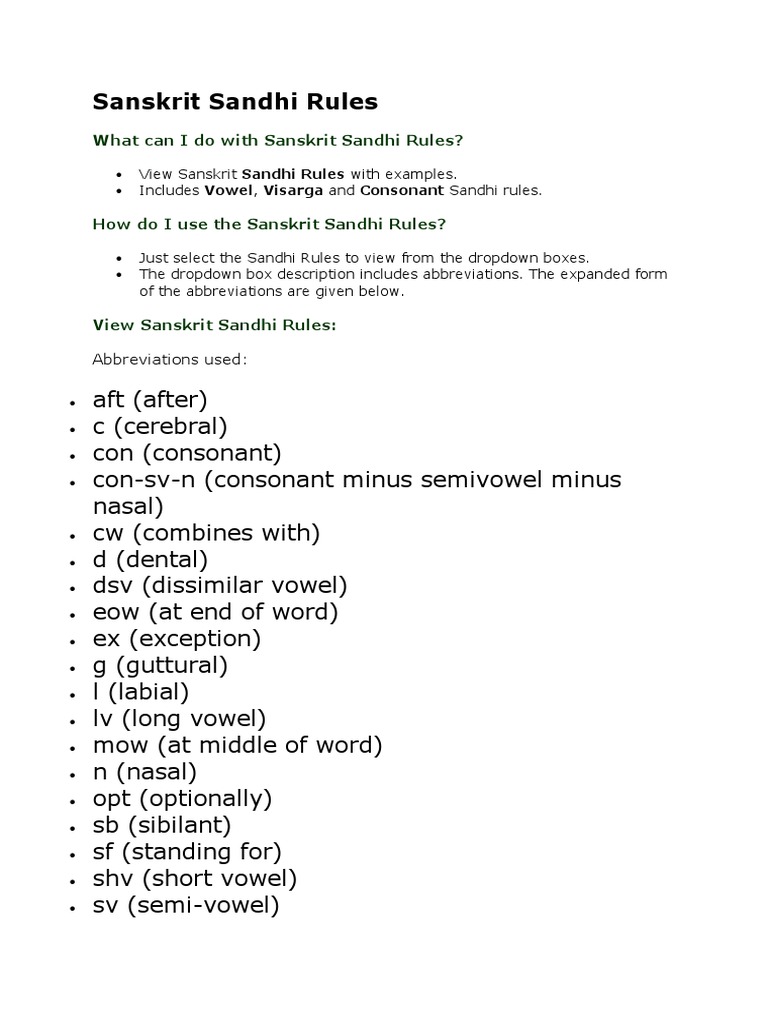 Sanskrit Sandhi Rules PDF Consonant Orthography