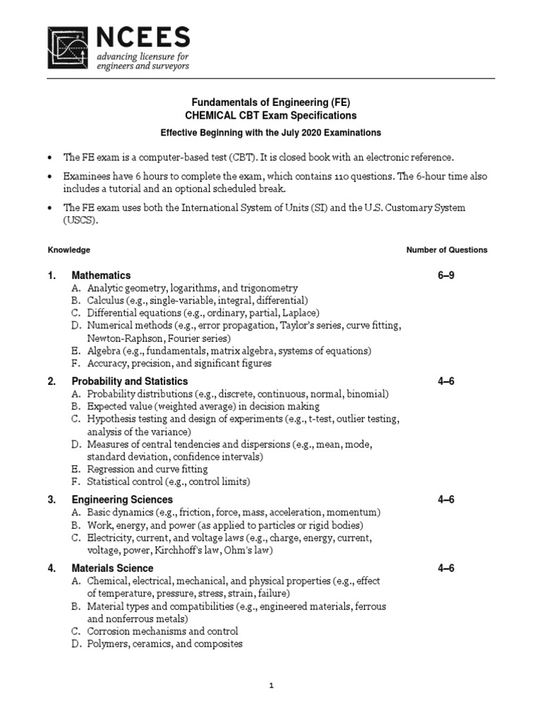 Fundamentals of Engineering (FE) CHEMICAL CBT Exam Specifications | PDF ...