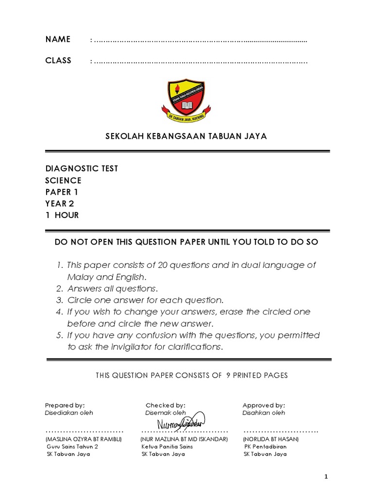 Diagnostic Test Science Paper 1 Year 2 | PDF | Nature