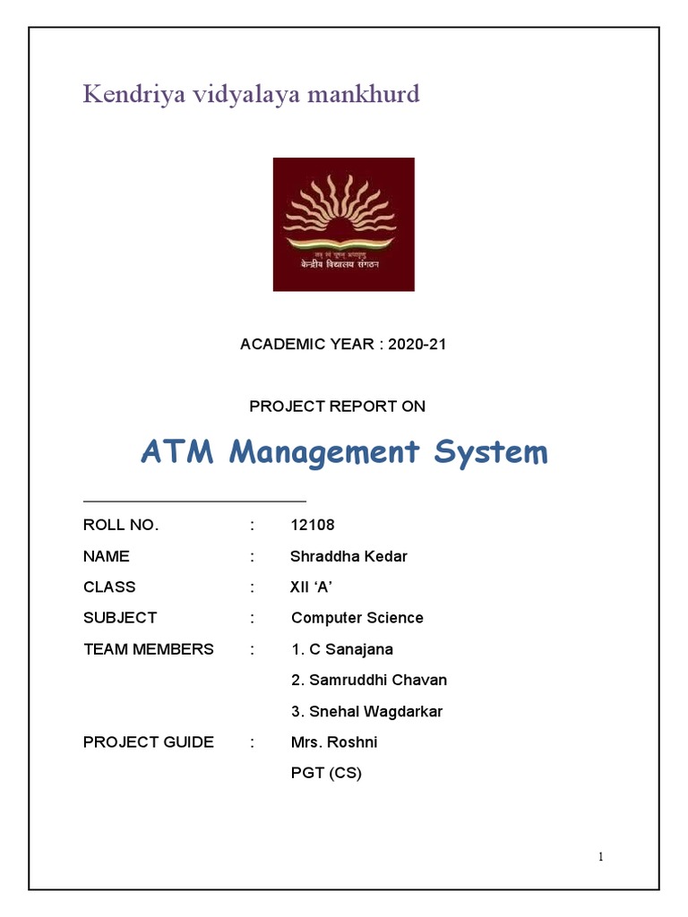 ATM Management System: Kendriya Vidyalaya Mankhurd | PDF | Automated ...