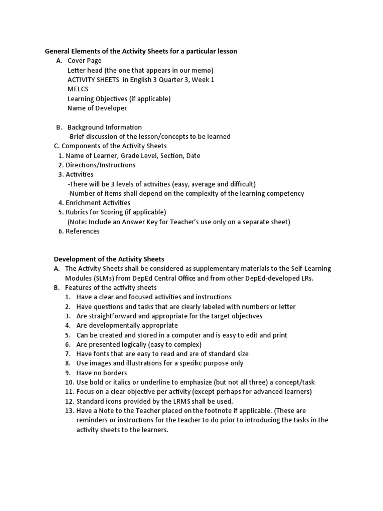 General Elements of The Activity Sheets For A Particular Lesson | PDF ...