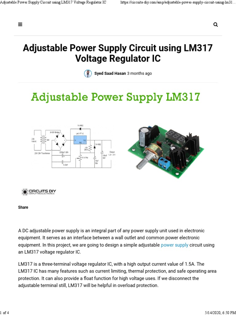 Adjustable Power Supply Circuit Using LM317 Voltage Regulator IC | PDF ...