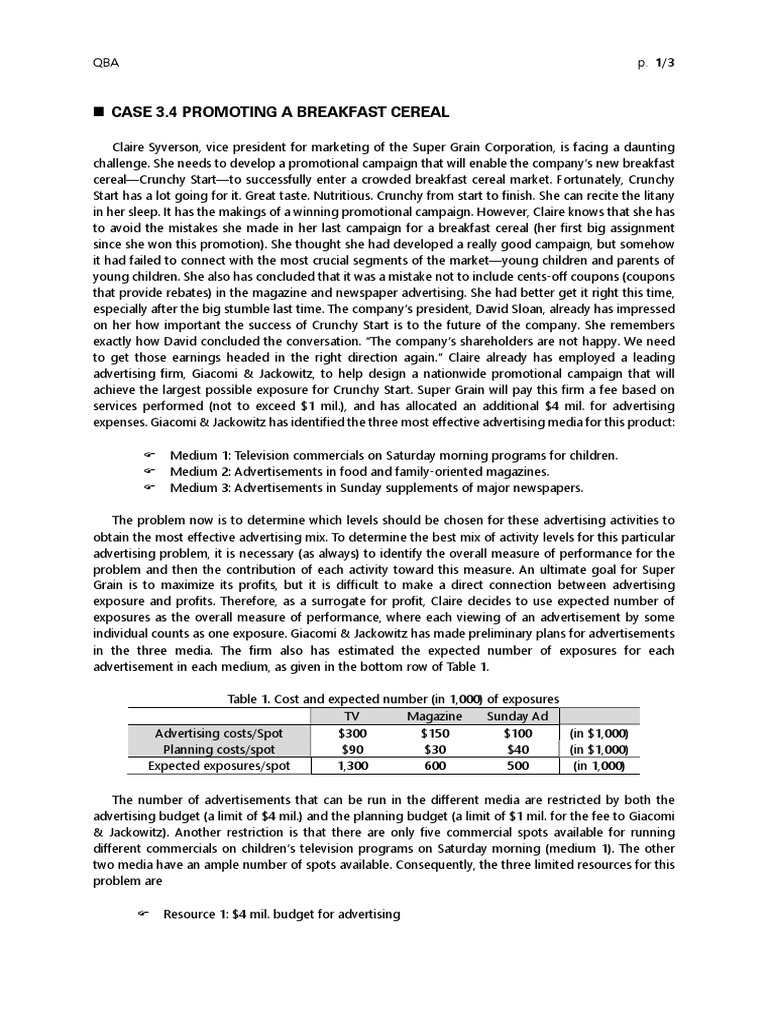 Case 3-4 Promoting Breakfast Cereal (Word) | PDF | Advertising | Linear ...